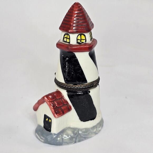 Other | Porcelain Hinged Red White Lighthouse Trinket Pill Box 5 Inches ...